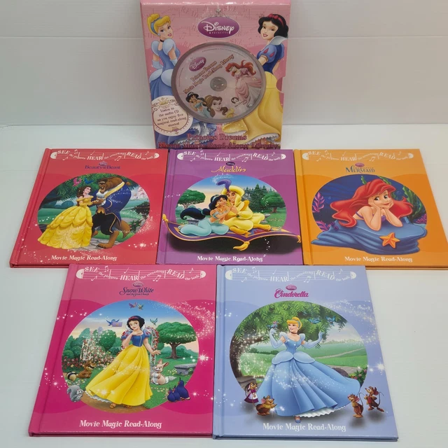 DISNEY PRINCESS MOVIE Magic Read Along Library With Audio CD Aladdin ...