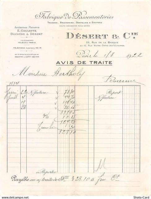 Facture 1922 Fabrique De Passementeries Desert 8e A Paris M Bertholy A