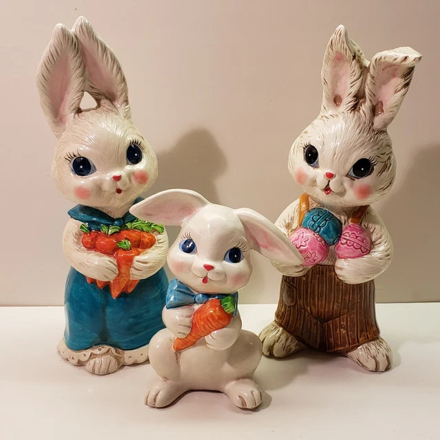VINTAGE ANTHROPOMORPHIC WHITE Easter Bunny Rabbits Figurines Chalkware ...