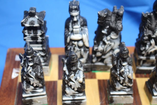 VINTAGE ASIAN STYLE Folding Chess Set Resin Figures Wood Box Board ...