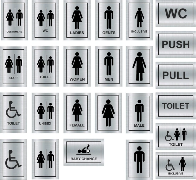 TOILET WC DOOR Signs Brushed Silver Aluminium Ladies Gents Various ...