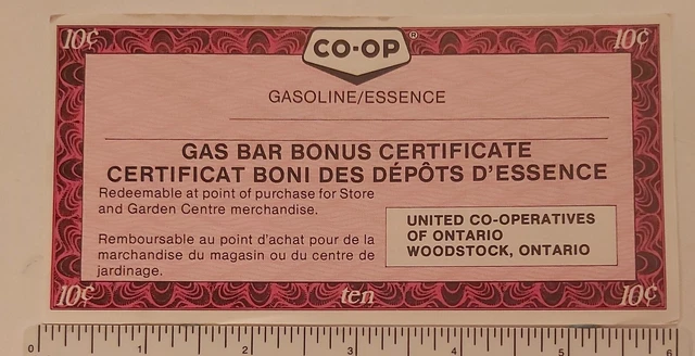 RARE EARLY ISSUE (Woodstock,Ont) "Co-Op 10Ç Gas Bar Bonus Certificate ...