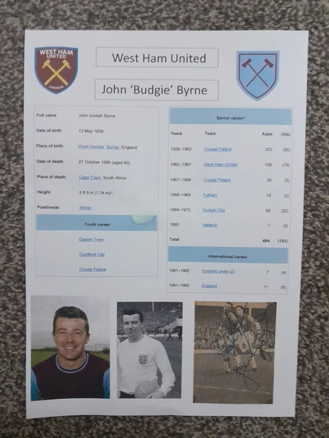 SIGNED NEWSPAPER CUTTING Of Johnny Byrne(west Ham)+Stan Lynn(birmingham ...