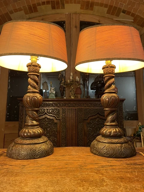 ANTIQUE 19TH CENTURY Carved English Oak Table Lamps, Jacobean Style £ ...