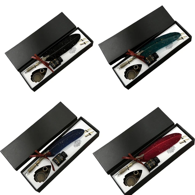 VINTAGE CARVING FEATHER Pen Set Glittering Quill Pen Set Antique ...