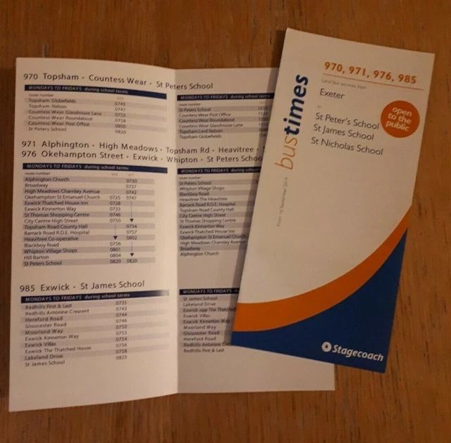 STAGECOACH DEVON BUS Timetable For Exeter School Routes 970 971 976 985 STAGECOACH DEVON BUS Timetable For Exeter School Routes 970 971 976 985