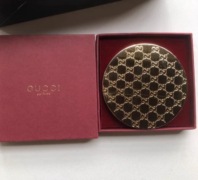 GUCCI PARFUMS MIRROR Compact Miroir with Red Box Gold Monogram Embossed ...