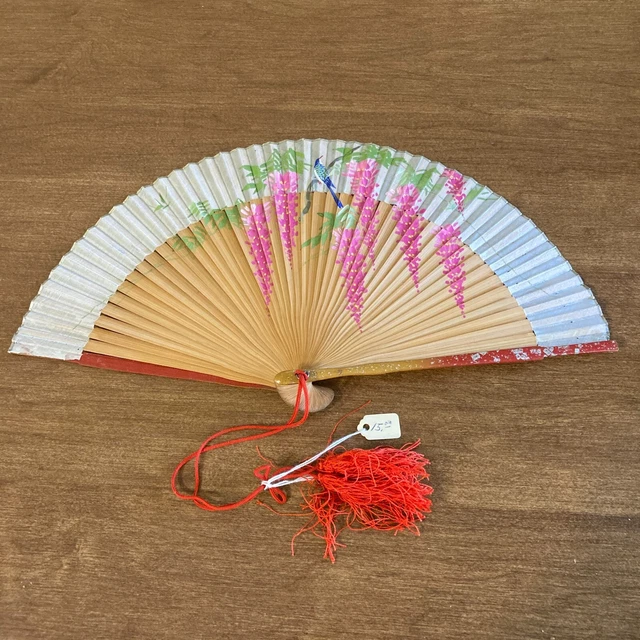 VINTAGE WOODEN HAND Fans Fold Up 1940-1950s Japan Brown Floral Bird ...