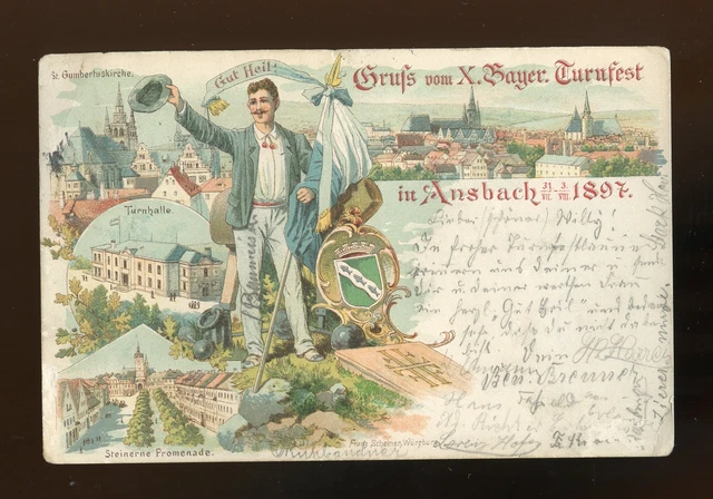 BAYERN NR.61 FARBIGE POSTKARTE X. BAYER. TURNFEST ANSBACH 1897 (968971 ...