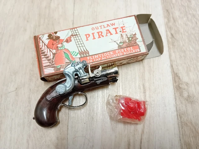 MEGA RARE TOY flintlock pistol Outlaw vintage Pirate cap gun in box ...