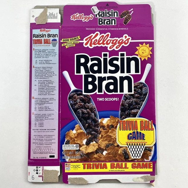 KELLOGGS RAISIN BRAN Vintage 1992 Empty Cereal Box Trivia Ball Game ...