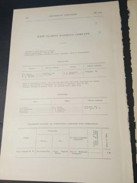 1901 TRAIN DOCUMENT WEST CLARION RAILROAD coal mines Brockway Ridgway ...
