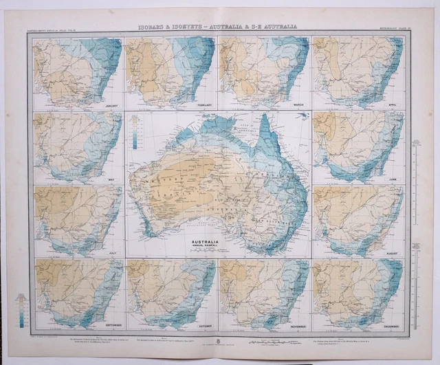 1899 LARGE WEATHER Meteorology Map Isobars & Isohyets Australia Annual ...