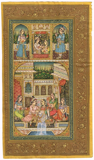 INDIAN MINIATURE PAINTING Of Mughal Emperor With Women Love Scene 6 ...