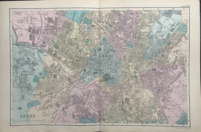 1895 LEEDS CITY Plan Original Antique Hand Coloured Map by G.W. Bacon £ ...