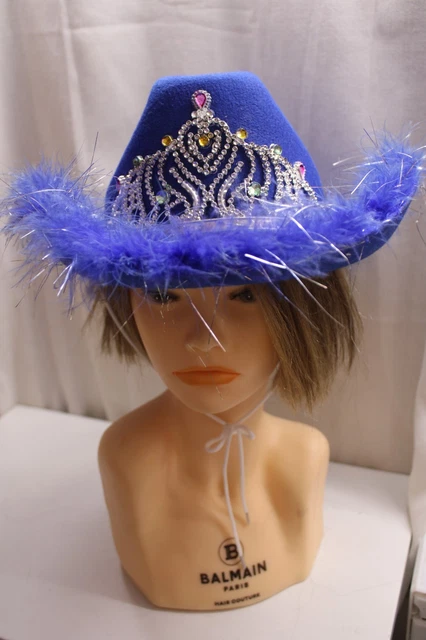PRINCESS SEQUIN CROWN Sparkle Fur Western Cowboy Hat Royal Blue&White ...