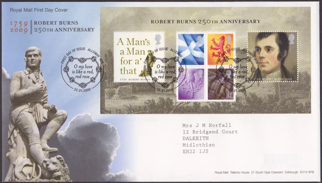 GB 2009 BIRTH ANNIVERSARY ROBERT BURNS Royal Mail Mini-Sheet FDC ...