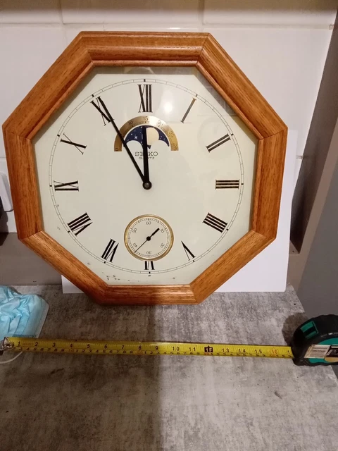 SEIKO MOONPHASE OCTAGON Oak Wall Clock w/Second Hand 17" Vintage $99.63 ...