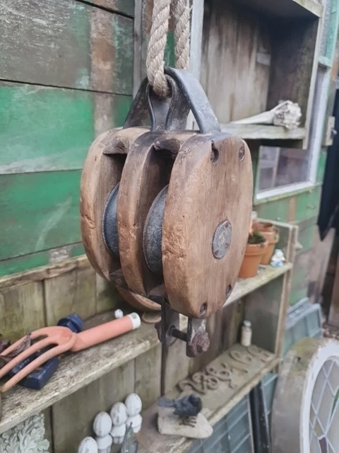 ANTIQUE OAK SHIPS Rope Pulley Block Double Nautical £60.00 - PicClick UK