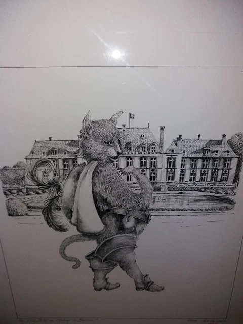 TABLEAU DESSIN LE chat Botté au château de Bretvil signé Pierre Poirier ...