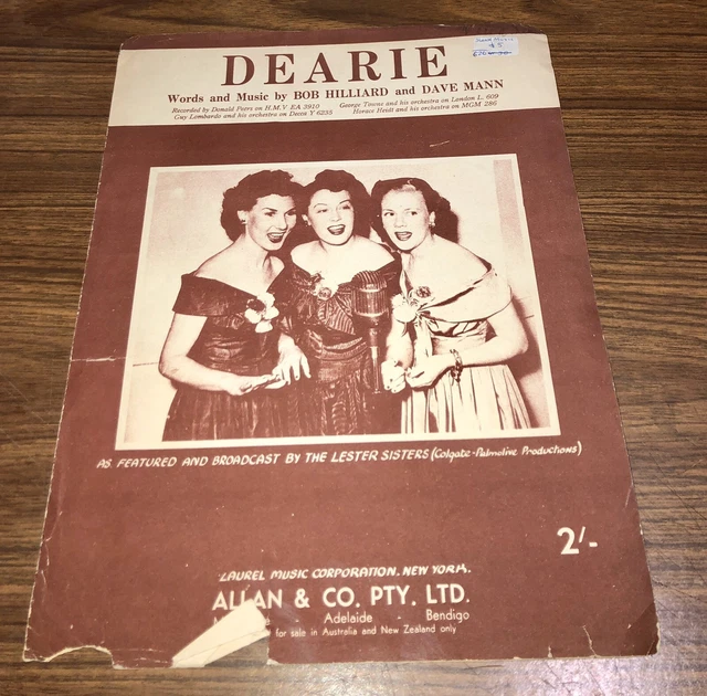 VINTAGE 1950 “DEARIE”. Featured & Broadcast by The Lester Sisters $4.00 ...