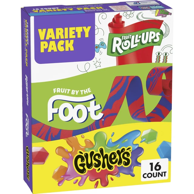 FRUIT ROLL-UPS, FRUIT by the Foot, Gushers, Flavored Snacks Variety ...