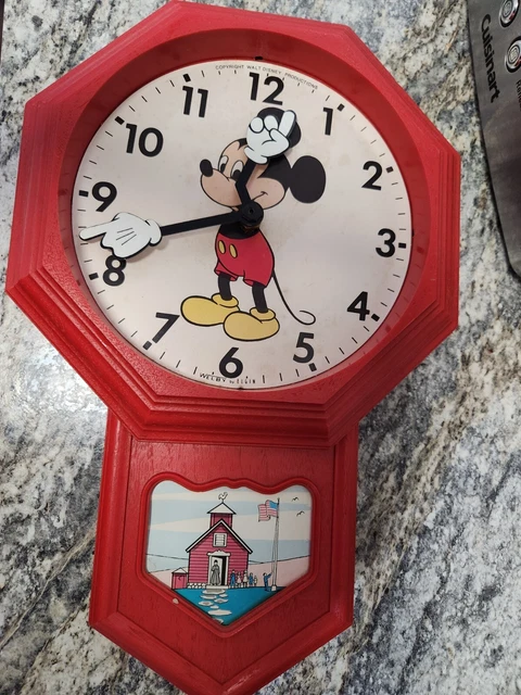 VINTAGE DISNEY MICKEY Mouse School House Red Wall Clock Welby by Elgin ...