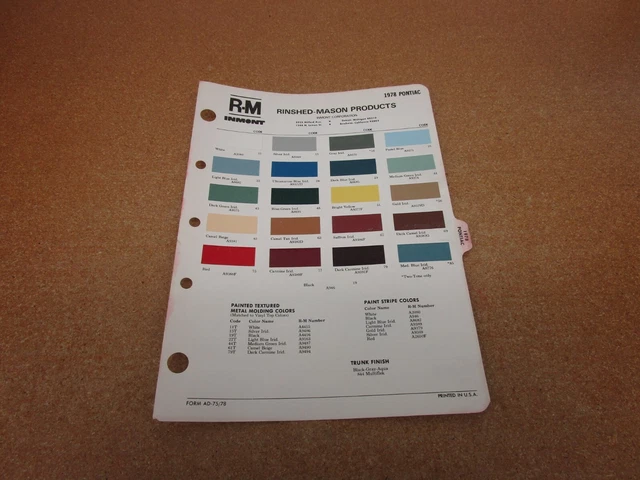 1978 PONTIAC CAR paint color chip chart sheet sample £9.40 - PicClick UK