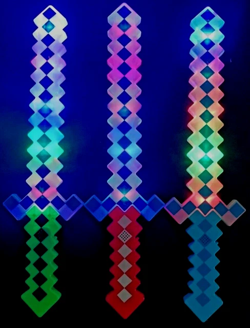 2 PACK LIGHT Up Colour Changing Diamond Pixel Sword Minecraft Toy With ...