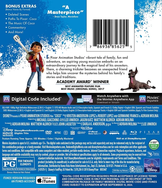 COCO (BLU-RAY) ANTHONY Gonzalez Gael Garcia Bernal Benjamin Bratt ...