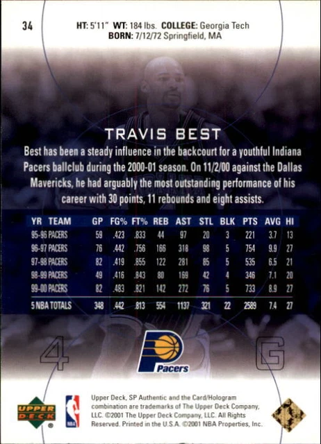 2000-01 SP AUTHENTIQUE Indiana Pacers Basketball Card #34 Travis Best ...