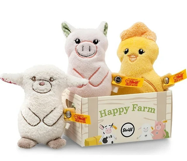 HAPPY FARM STEIFF NEU Mini band 3 Teile Lamm Ferkel Küken Greiflinge ...