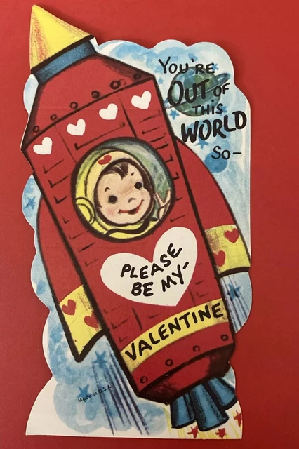 VINTAGE VALENTINE DIE-CUT Astronaut Space Rocket Blast Off Out Of This ...