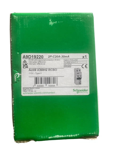 SCHNEIDER ELECTRIC 2POLE C20A 30mA A9D19220 Acti9 IC60H2 RCBO 110V Type ...