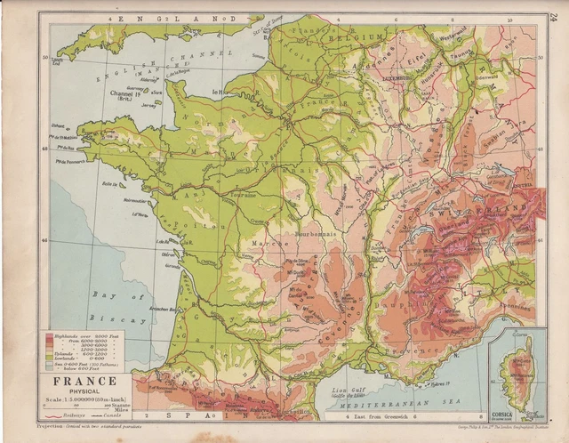 1931 CARTE ~FRANCE Physique~ Semis Pays Hauteurs & Mer Profondeurs ...