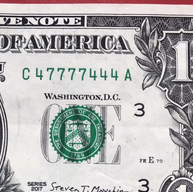 FANCY SERIAL NUMBER Binary $1 Dollar Bill Double Quad’s 7s 4s Rare ...