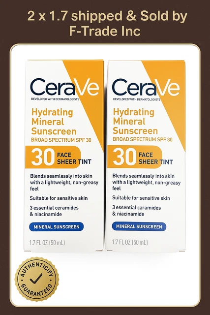 CERAVE HYDRATING MINERAL Sunscreen, Sheer Tint Facial SPF 30, 1.7 fl oz. QTY 2 £15.51 - PicClick UK