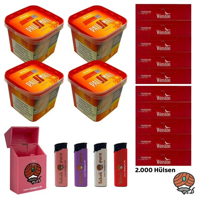 PALL MALL VOLUMENTABAK Maxi Box 4x 263g, Winston Hülsen, Feuerzeug, Box ...