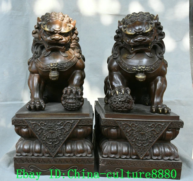 19 &VIEUX BRONZE Feng Shui Fu chien garde lion animal statue paire EUR ...