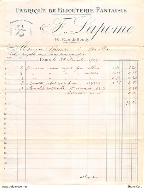 FACTURE 1914 BIJOUTERIE FANTAISIE F.LAPOME A PARIS-M.CAMPS A AURILLAC ...