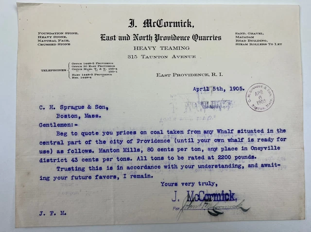 1905 J MCCORMICK East & North Providence Quarries Letterhead Note ...