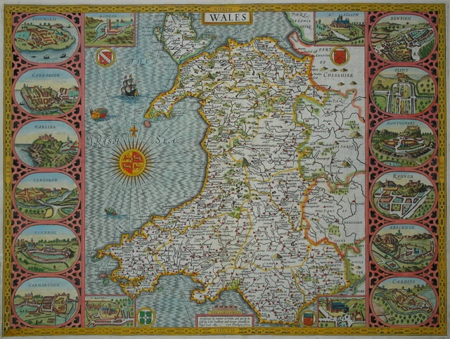 JOHN SPEED - Wales - Rare, Elaborate Map of Wales - Original from 1614 £1,517.59 - PicClick UK