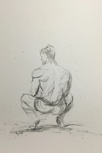 'MALE FORM KNEELING Pose' Original A4 Size Scribble Ink Sketch (NOT A ...