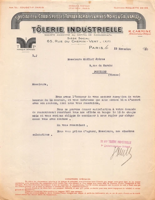 1920 TOLERIE INDUSTRIELLE A Paris - M. Masteau A Poitiers EUR 10,00 ...