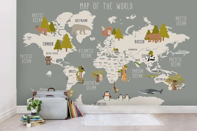 3D CARTOON WORLD Map Wallpaper Wall Mural Removable Self-adhesive ...