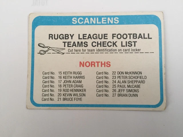 1979 SCANLENS RUGBY league check list card Norths $5.00 - PicClick AU