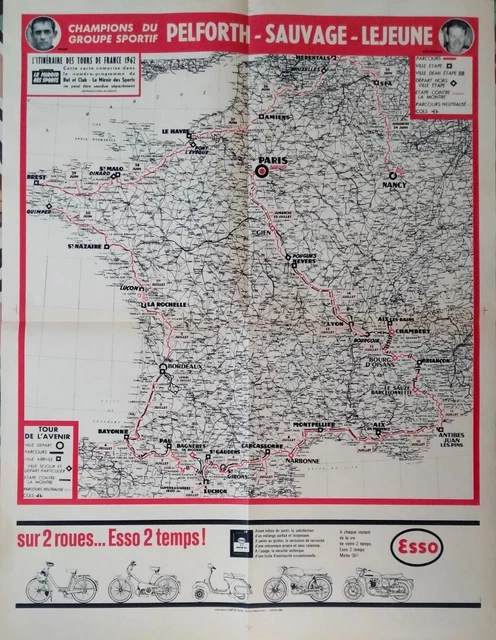 CARTE DU TOUR De France 1962 Miroir Des Sports ESSO VGC Old Bike MAP ...