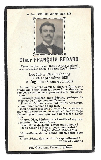MEMORIAL / DEATH card Francois Bedard, died Charlesbourg, QC 1926 $8.01 - PicClick CA