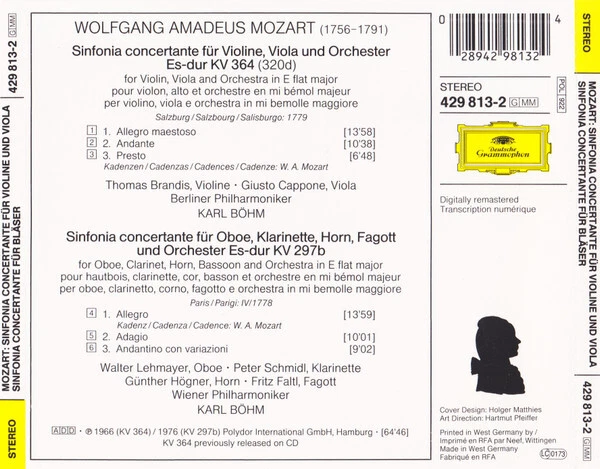 WOLFGANG AMADEUS MOZART Karl Böhm Sinfonia Concertante Kv 364 & Kv 297b For Vio EUR 8,99 ...