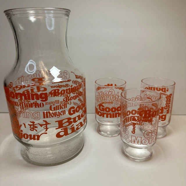 VINTAGE GLASS GOOD Morning Carafe Pitcher Jug Juice Glasses Foreign ...